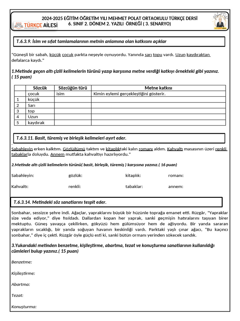 2024-2025 Eği̇ti̇m Öğreti̇m Yili 6. Sinif 2.Dönem 2. Yazili Soru Ve Cevaplari- 3. Senaryo | PDF