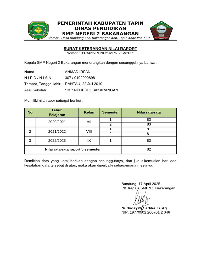 Surat Keterangan Nilai Raport Tahun 2025 | PDF