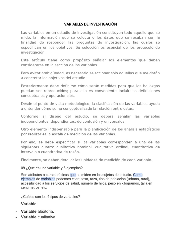 Variables De Investigación Pdf