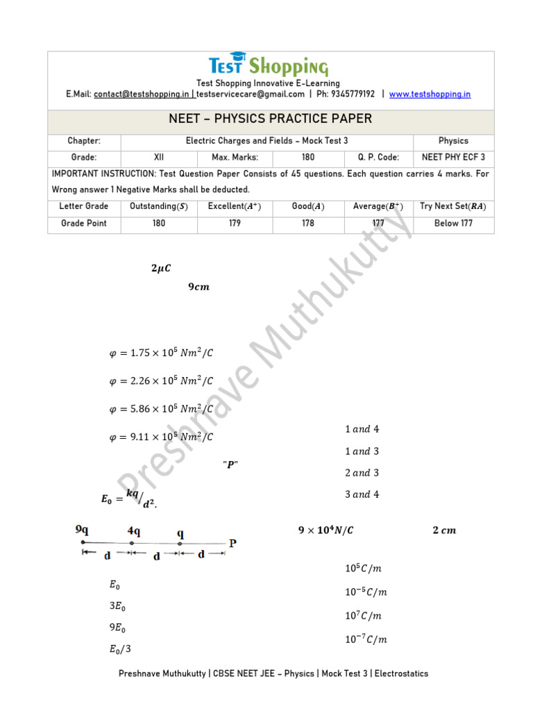 NEET JEE Physics Mock Test: Electrostatics | PDF | Electric Field | Flux