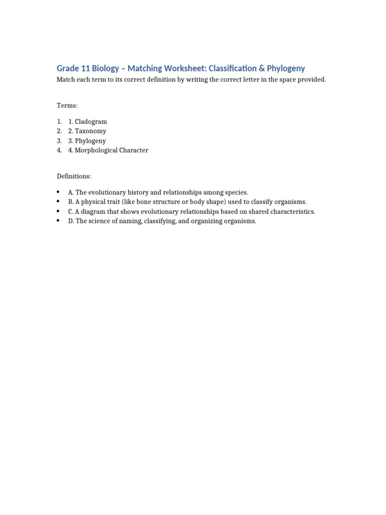 Grade11 Biology Matching Worksheet | PDF