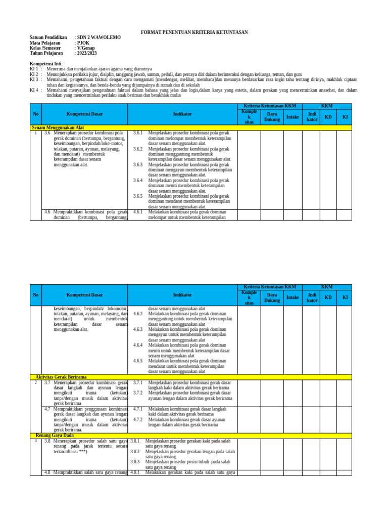 KKM PJOK Kelas 5 Semester 2 | PDF