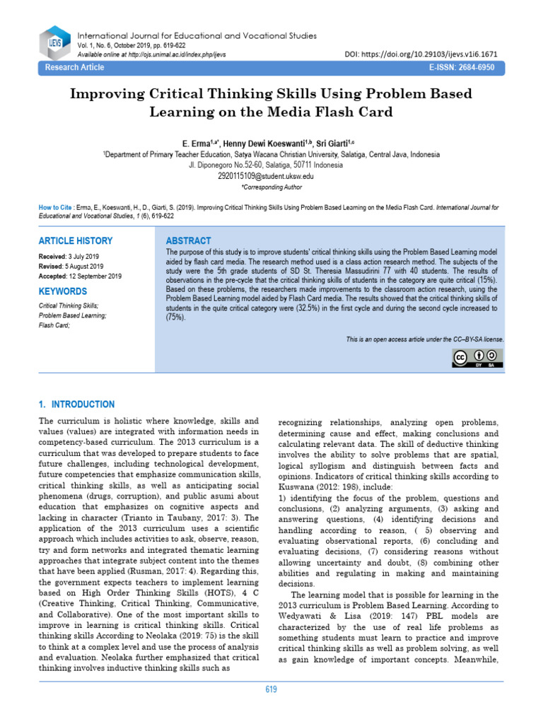 Improving Critical Thinking Skills Using Problem Based Learning On The Media Flash Card | PDF ...