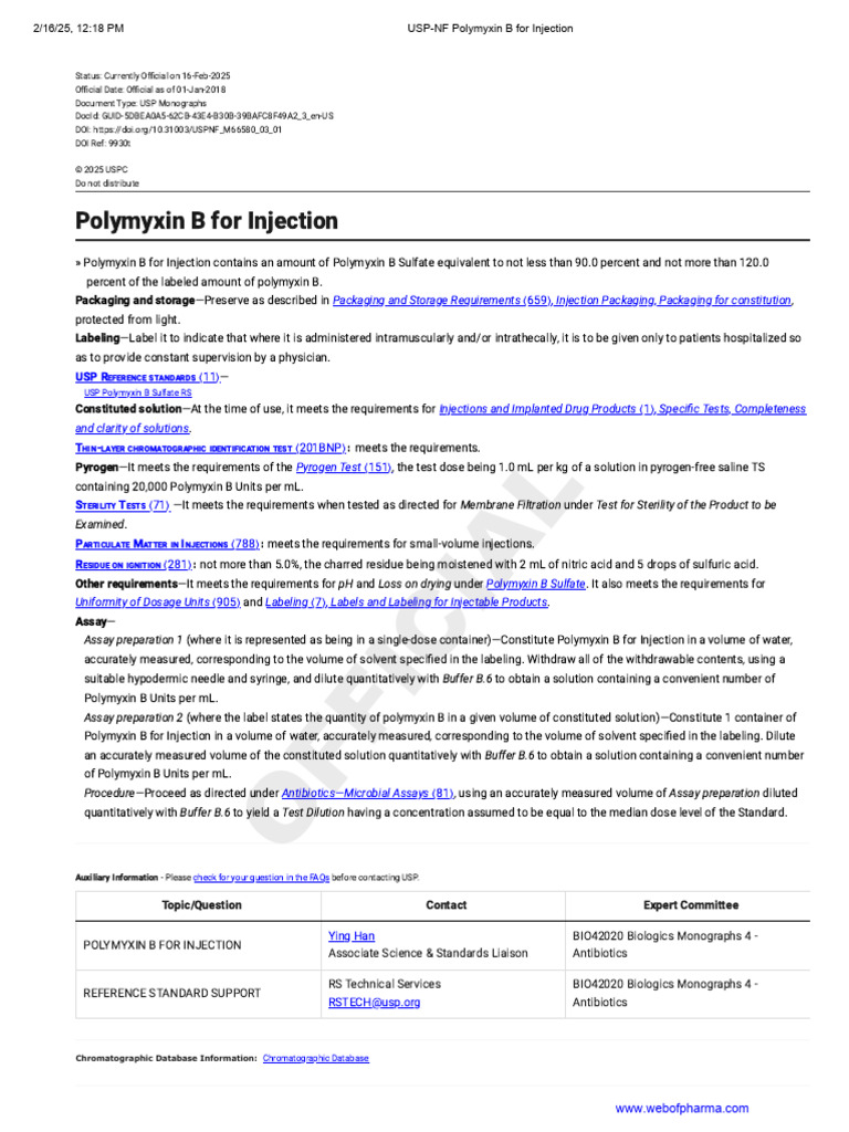 Polymyxin B For Injection | PDF | Injection (Medicine) | Syringe