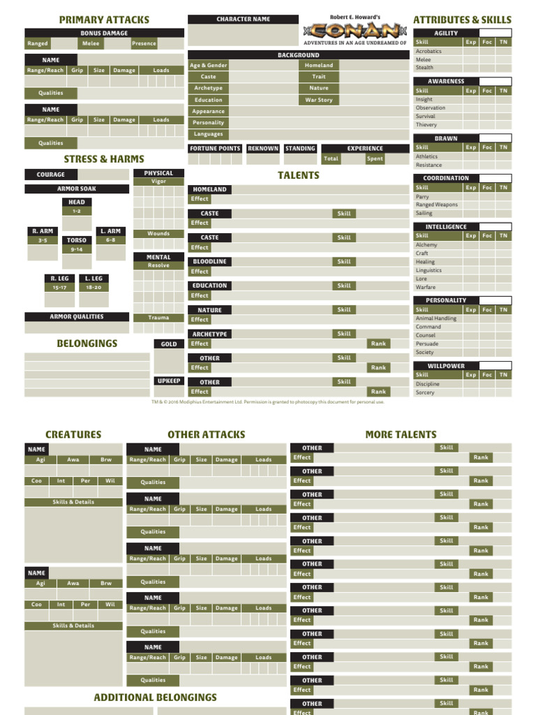 Conan 2d20 - Character Sheet - Basic No Texture | PDF | Role Playing Games
