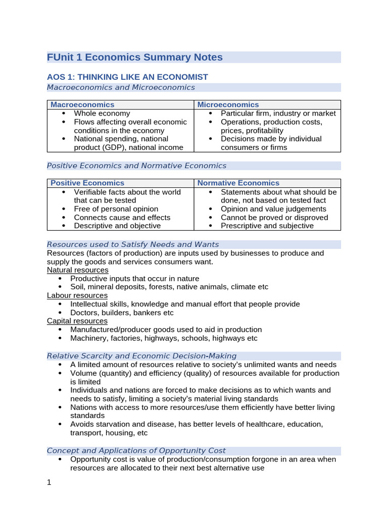 Unit 1 Economics Summary Notes | PDF | Economic Equilibrium | Economics
