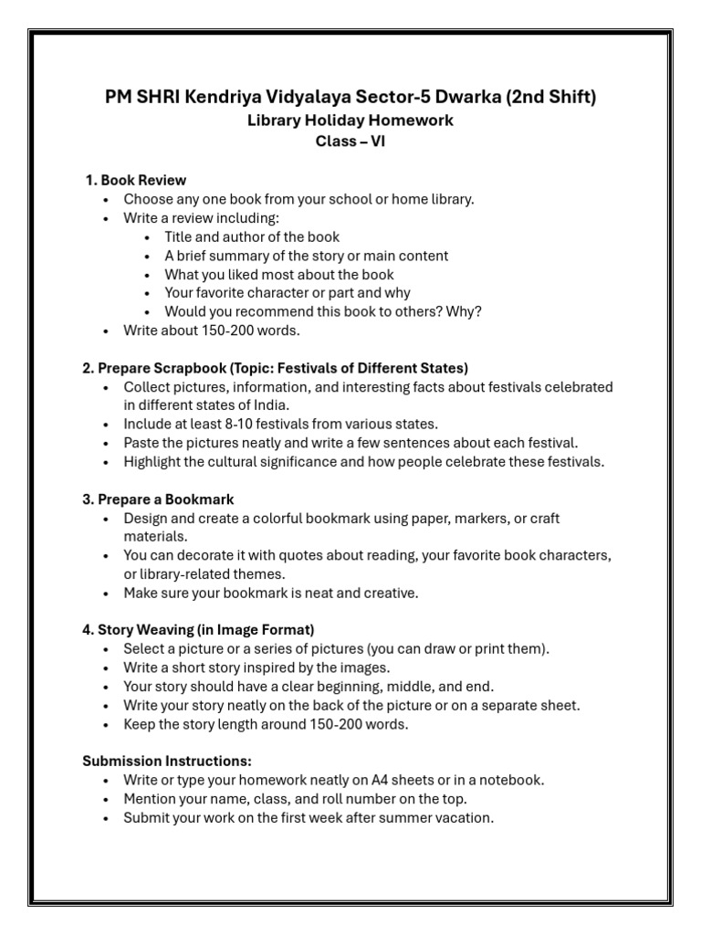 Holiday Homework - Class 6 | PDF