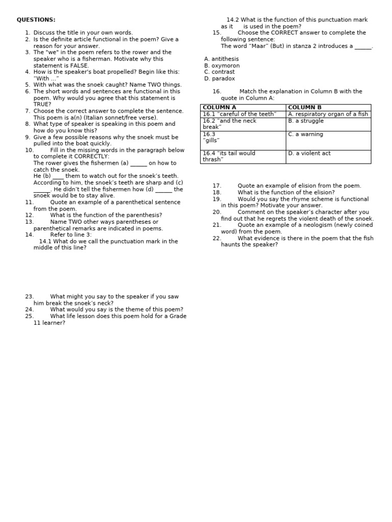 Die Snoek - Quetions - Translated | PDF | Bracket | Poetry