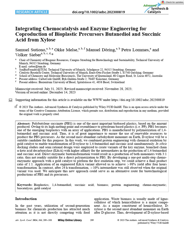 Adv Synth Catal - 2023 - Sutiono - Integrating Chemocatalysis and ...