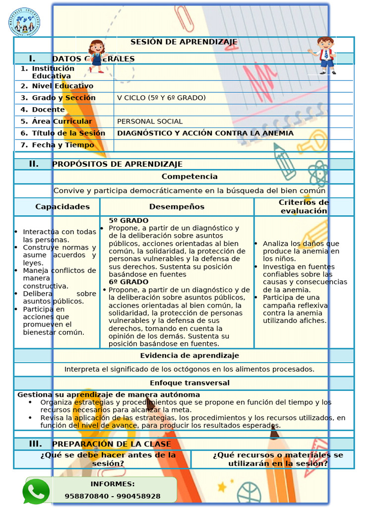 V Ciclo - Sesión - PS Diagnóstico y Acción Contra La Anemia | PDF ...