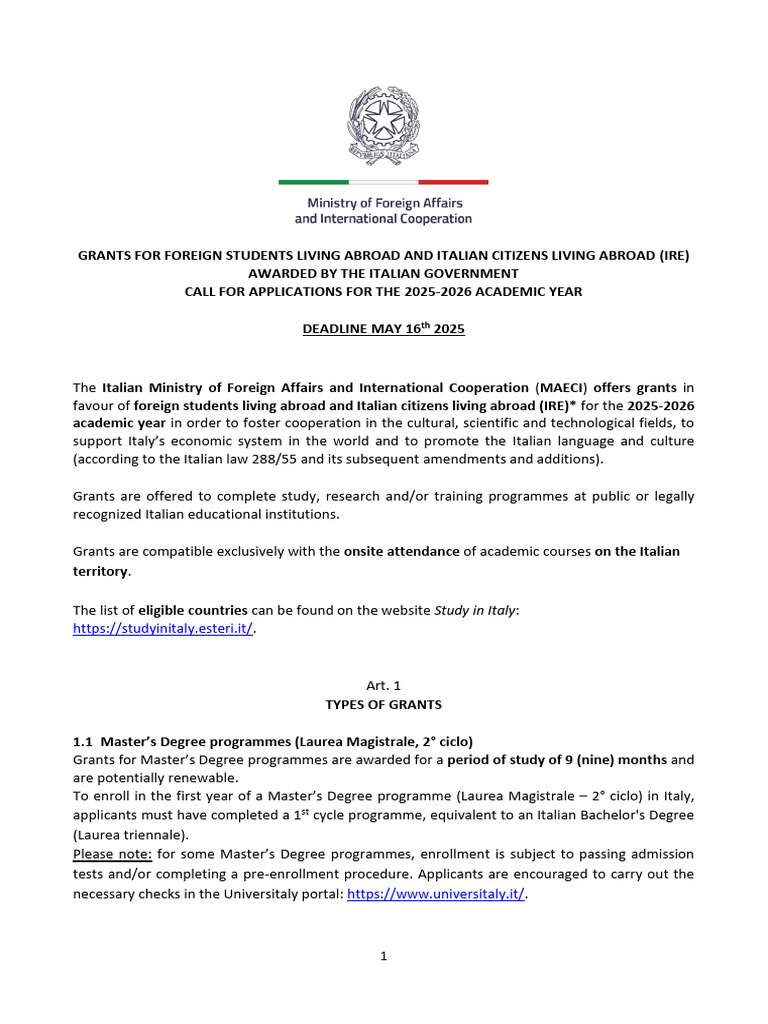 Italian Government Grants for 2025-2026 | PDF | Academic Degree ...
