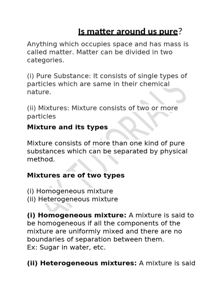 Understanding Matter: Pure Substances & Mixtures | PDF | Mixture ...