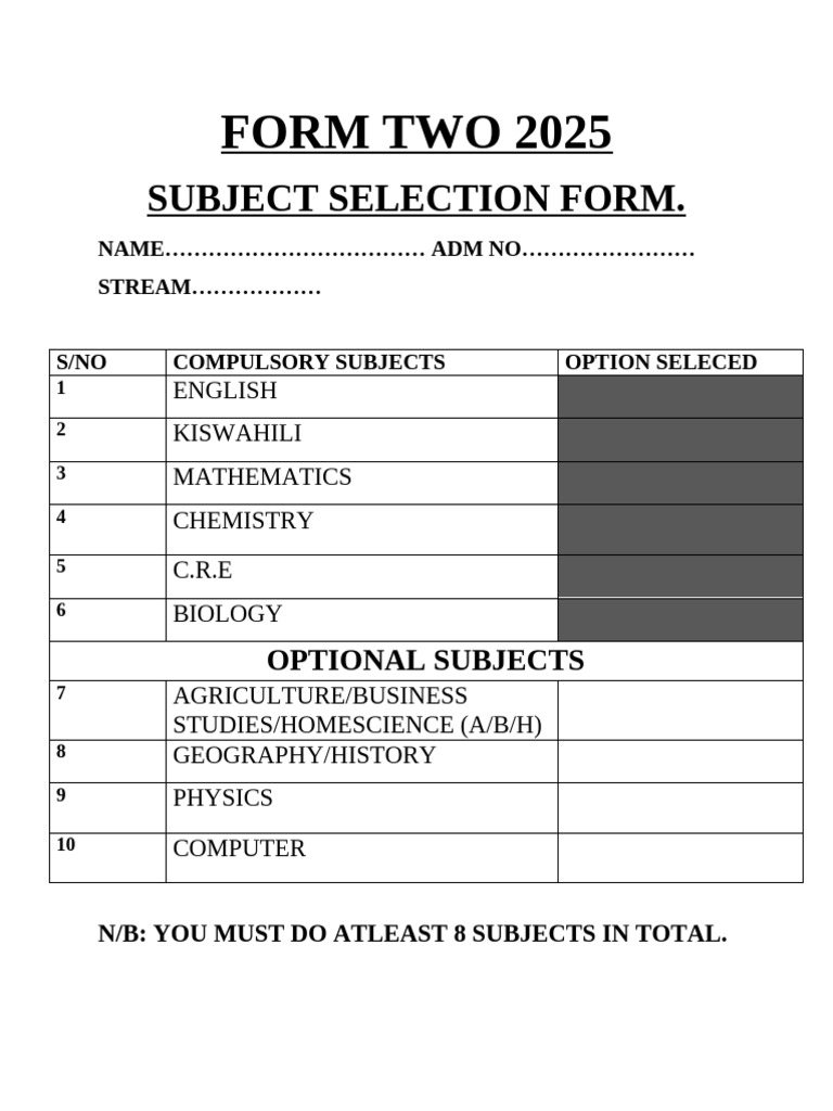 Form Two 2025 Subject Selection Guide | PDF