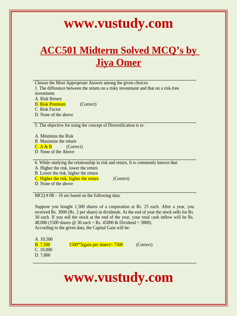 ACC501 Midterm Solved MCQs With Reference by Jiya Ali | PDF | Bonds (Finance) | Interest