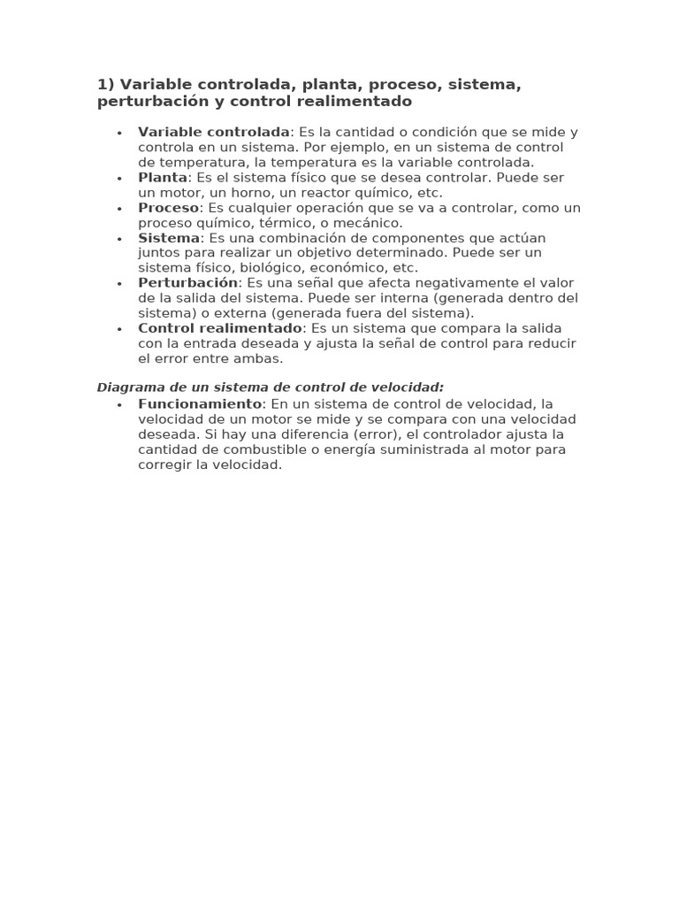 1) Variable Controlada, Planta, Proceso, Sistema, Perturbación y ...