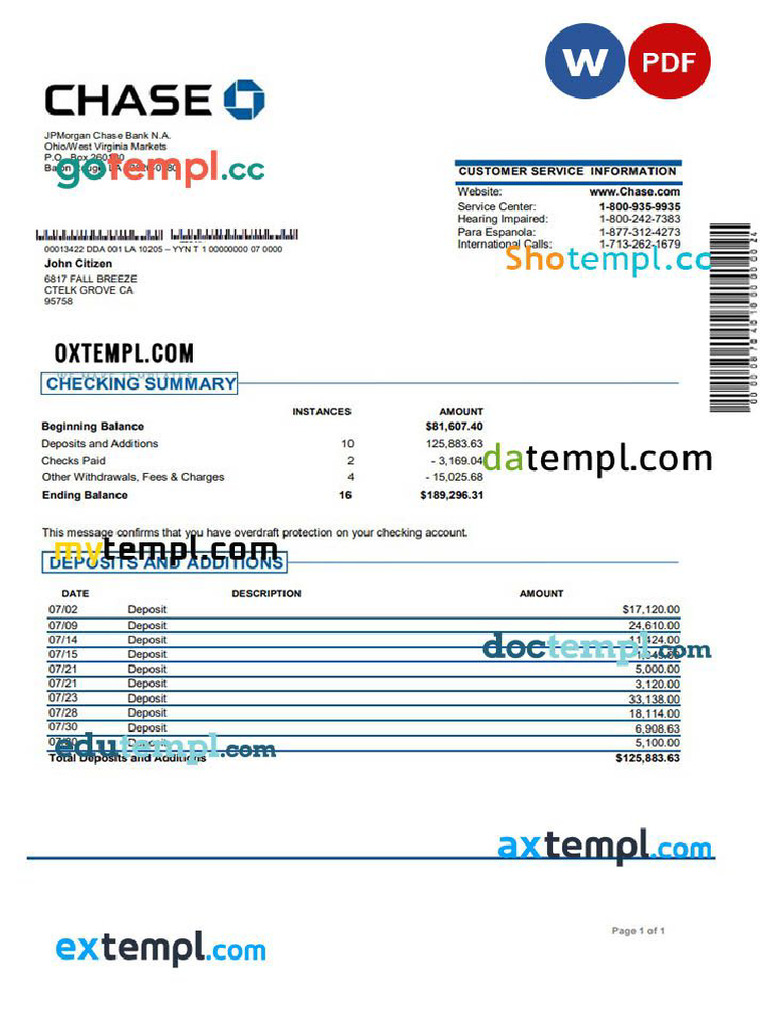 Doctempl - USA JP Morgan Chase Bank Statement Template in Word and PDF Format, .Doc and .PDF ...