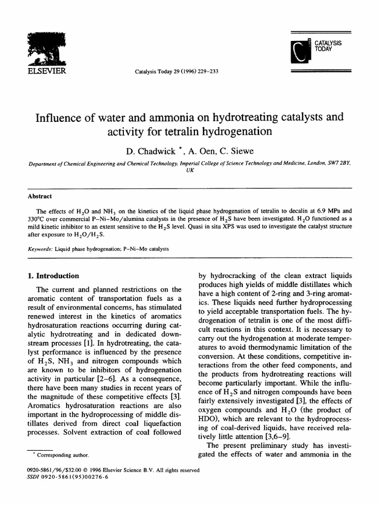 1996-Influence of Water and Ammonia On Hydrotreating Catalysts and Activity For Tetralin ...