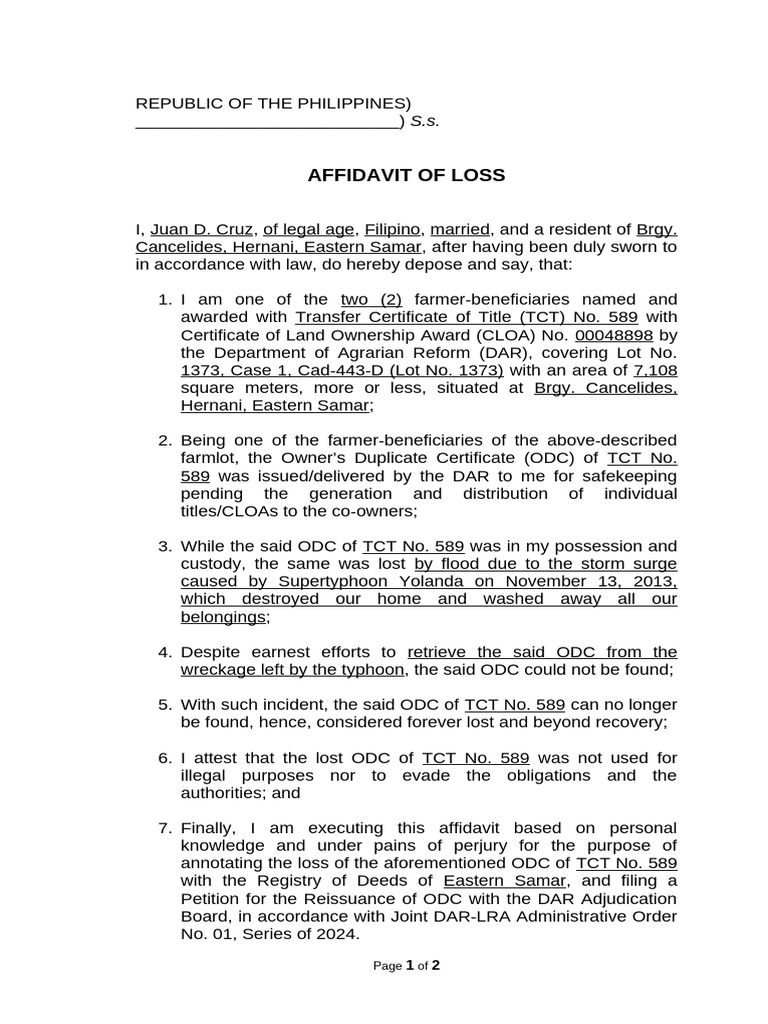 Affidavit of Loss-Template For Lost ODC-ARB - Calamity | PDF ...