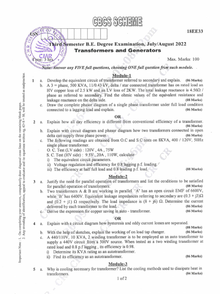 VTU Question Paper of 18EE33 Transformers and Generators June-2022 | PDF