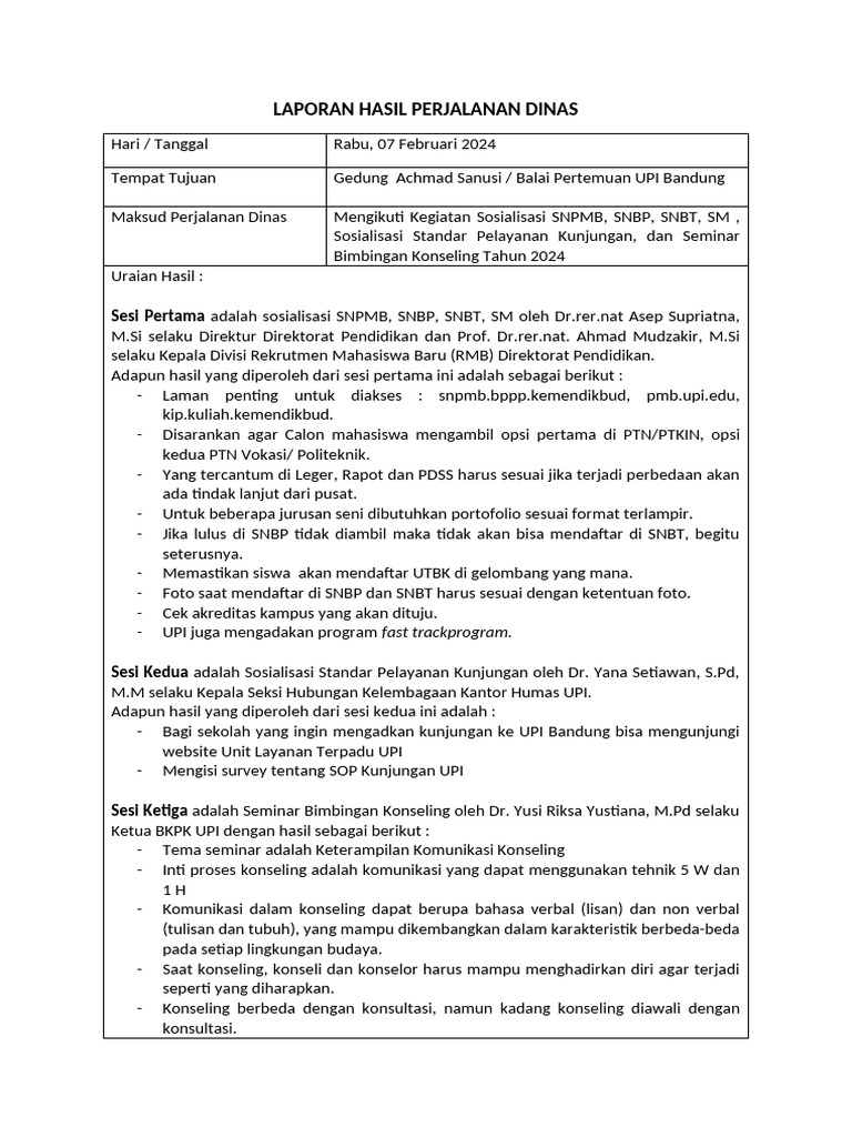 Laporan Hasil Perjalanan Dinas Upi Feb 2024 | PDF