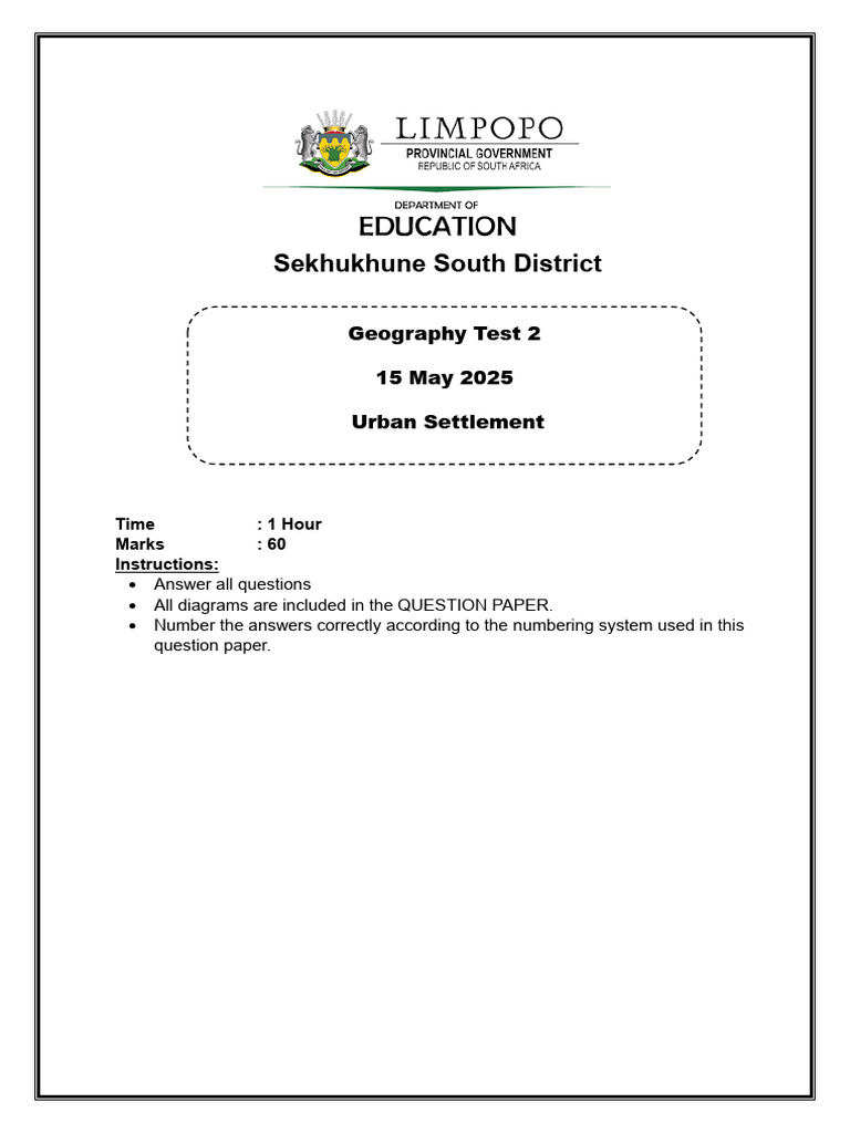 Geog GR 12 Urban Settlement Test May 2025 | PDF | Urban Area