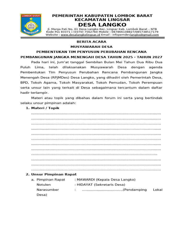 Berita Acara Musdes Perubahan Rpjmdes 2025 | PDF