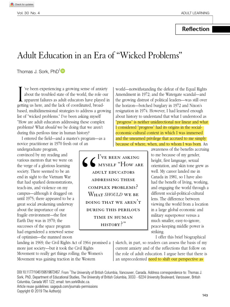 Lesson 1 Sork 2019 - Adult Education in An Era of Wicked Problems | PDF