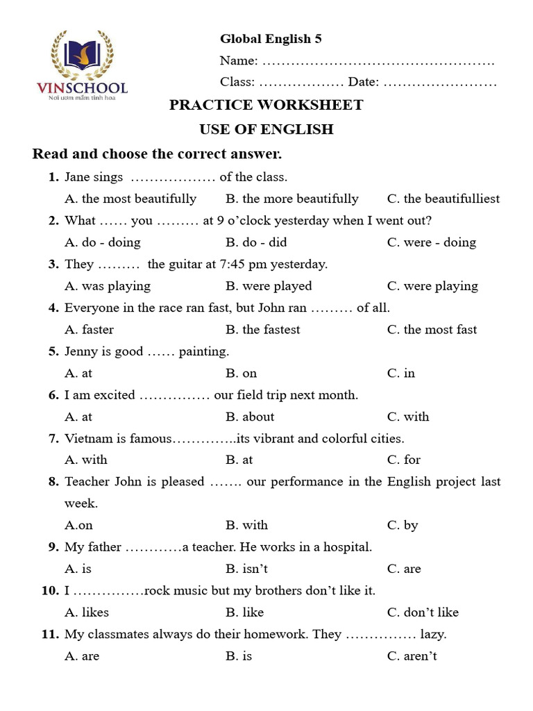 Use of English Practice Worksheet | PDF