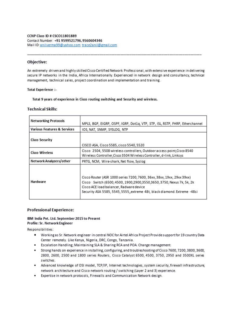 Anil Kumar Network Engineer Resume | PDF | Computer Network | Networking