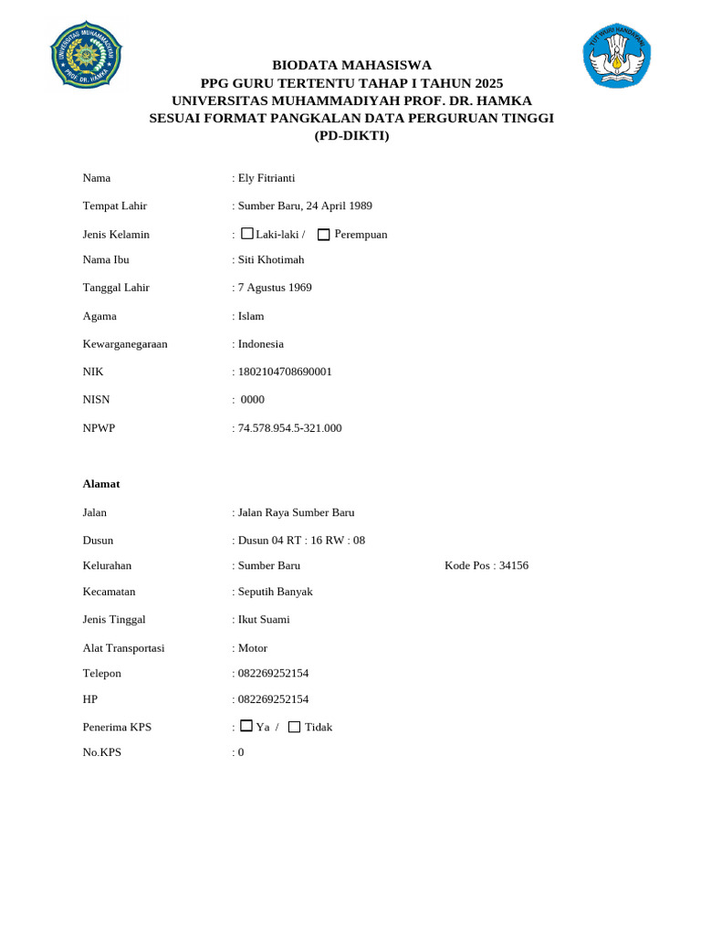 Biodata Mahasiswa Ppg Guru Tertentu Tahap I Tahun 2025 Uhamka 1 Pdf