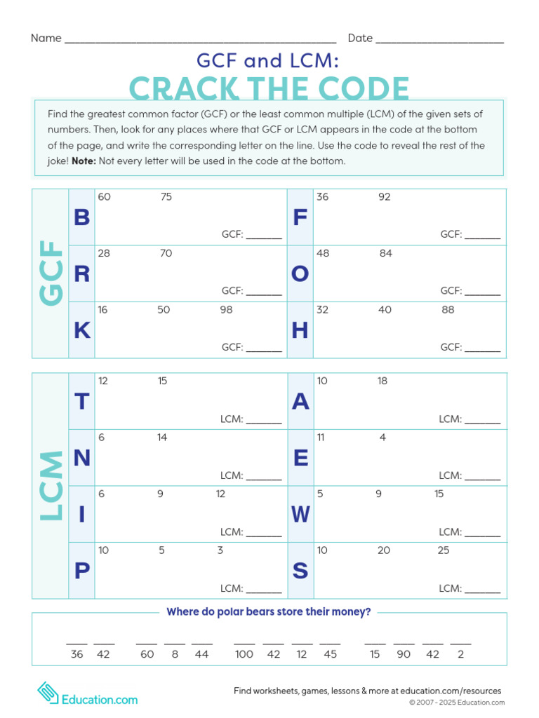 GCF and LCM Code Worksheet | PDF | Elementary Mathematics | Number Theory