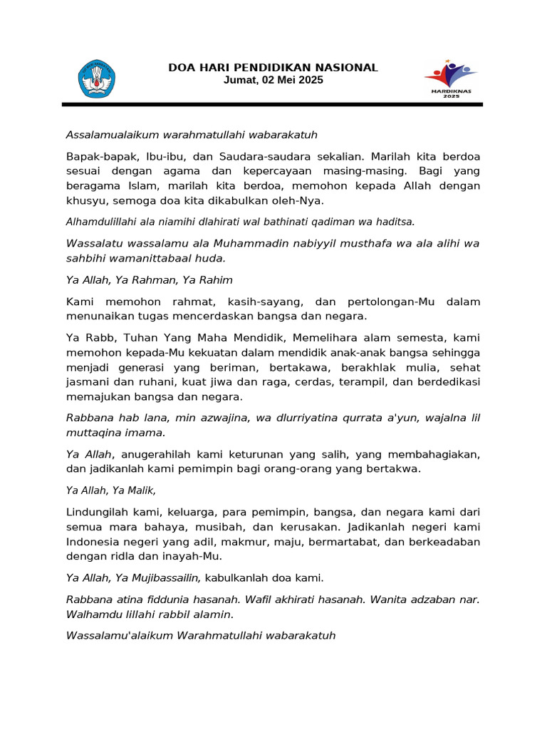 DOA HARI PENDIDIKAN NASIONAL | PDF