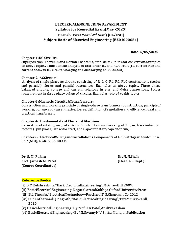 BEE Remid Exam Syllabus CE-CSD MAy 2025 | PDF