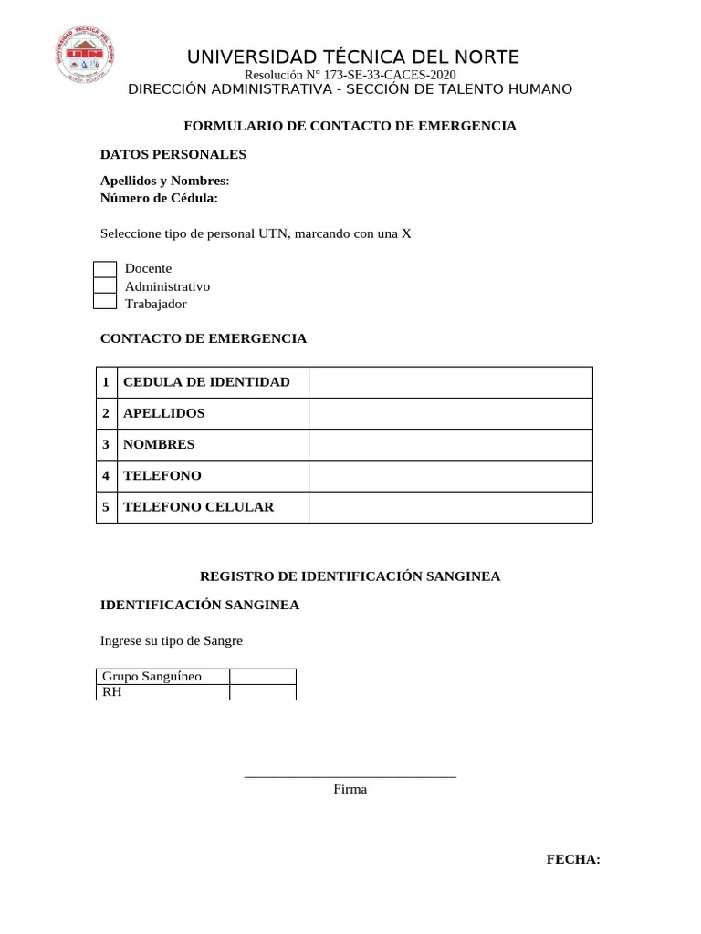 Formulario Contacto de Emergencia y Tipo Sanguineo | PDF