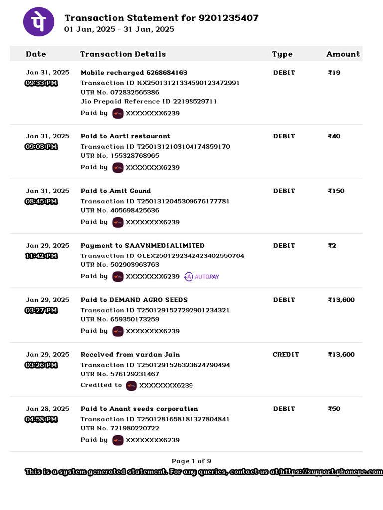 PhonePe Statement Jan2025 Jan2025 | PDF | Debit Card | Personal Finance