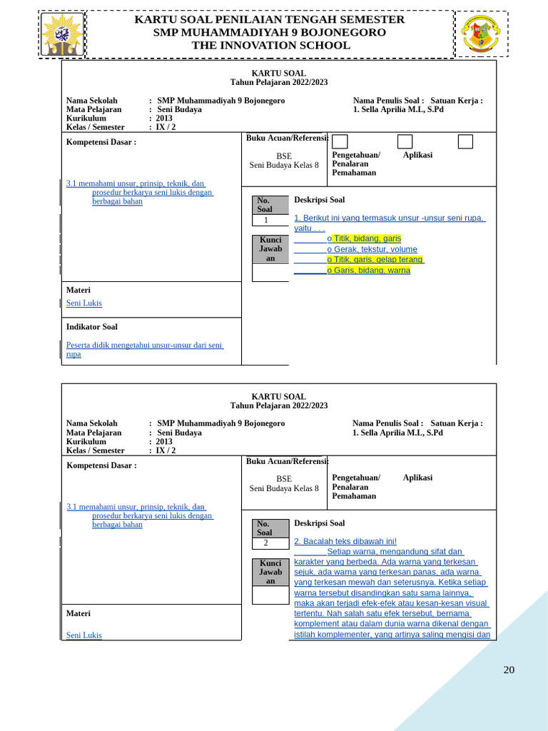 Kartu Soal Saj SBK Kelas 9 20222023 | PDF