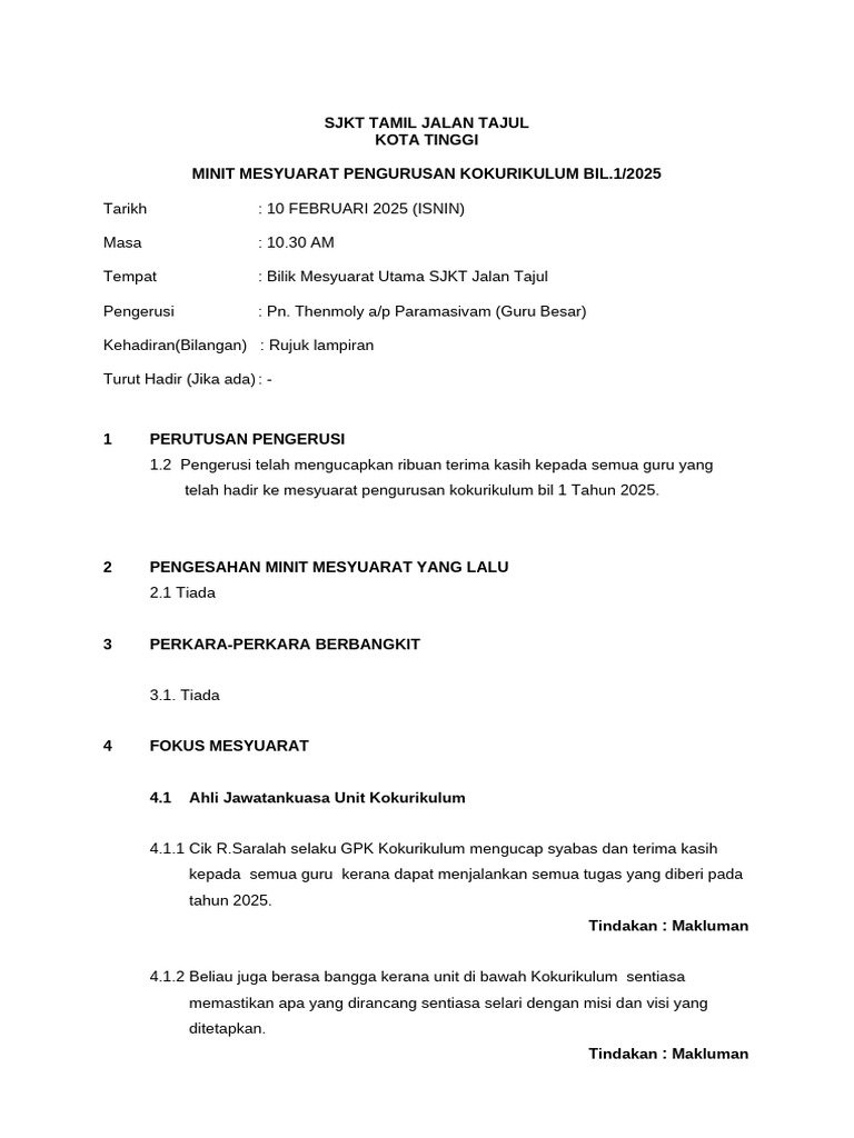 Minit Mesyuarat Kokurikulum Bil.1 | PDF