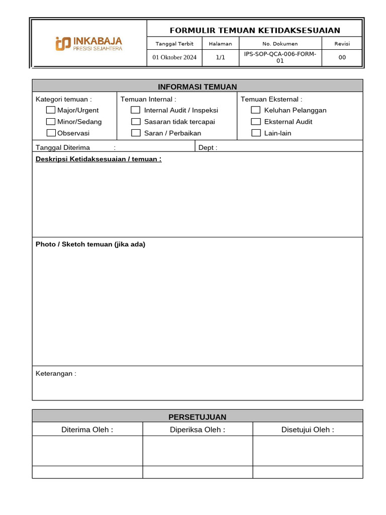 IPS-SOP-QCA-006-FORM-01 - Formulir Temuan Ketidaksesuain | PDF
