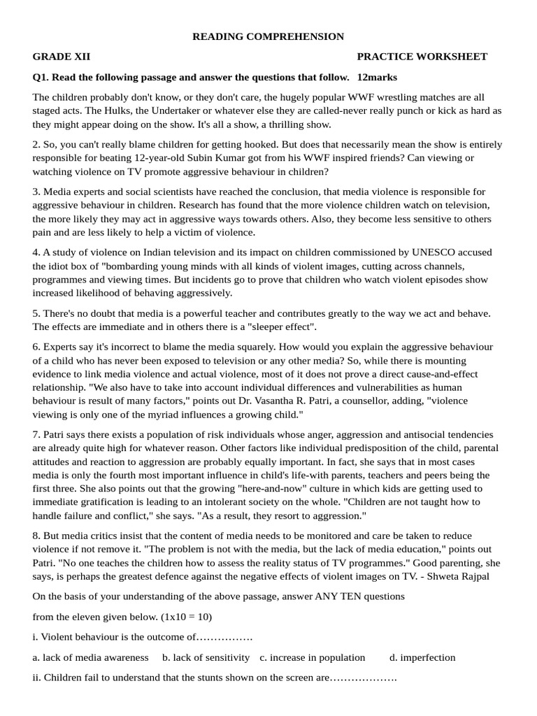 Reading Comprehension 12 | PDF | Violence | Teachers