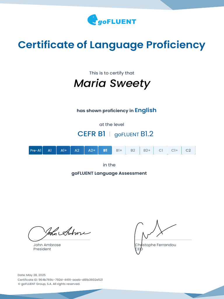 CEFR B1 English Proficiency Certificate | PDF