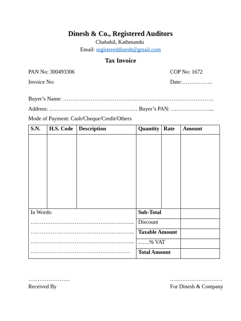 Dinesh & Co., Registered Auditors: Tax Invoice | PDF
