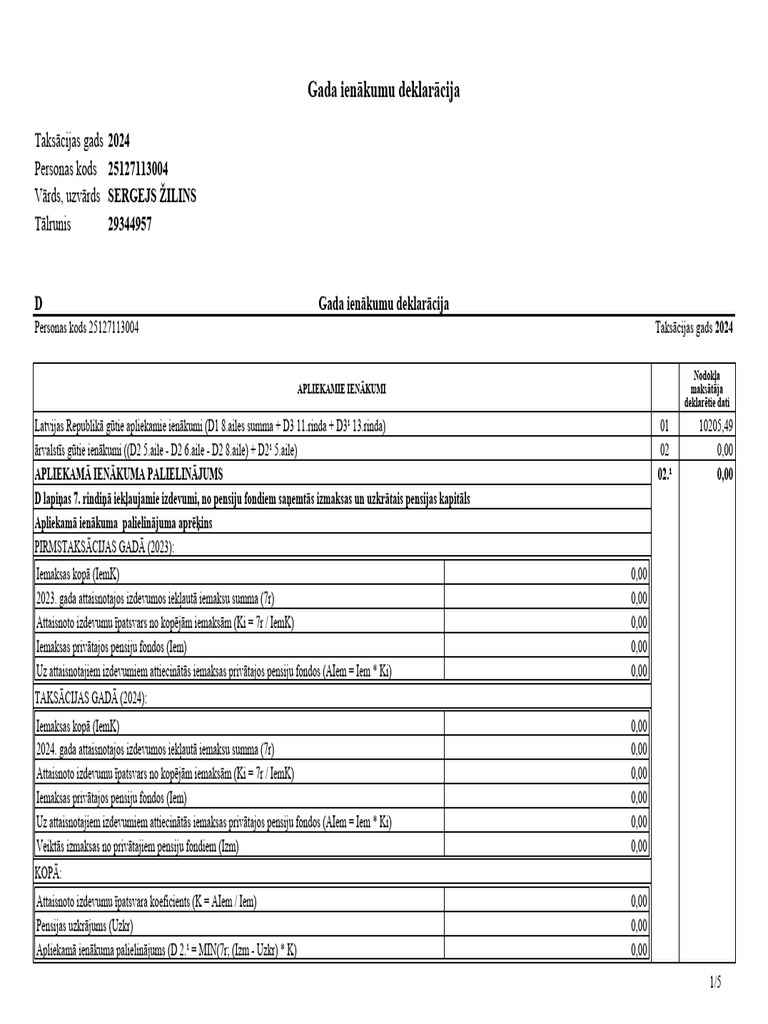 Gada Ienākumu Deklarācija: Taksācijas Gads Personas Kods Vārds, Uzvārds ...