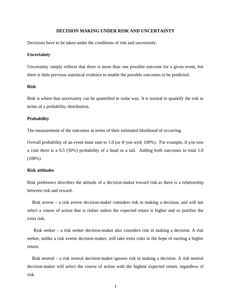 Decision Making Under Risk and Uncertainty | PDF | Risk | Applied ...