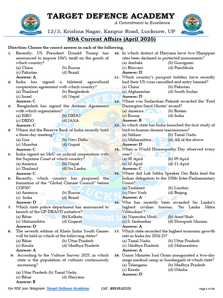 NDA Current Affairs April 2025 | PDF | Narendra Modi | Gujarat