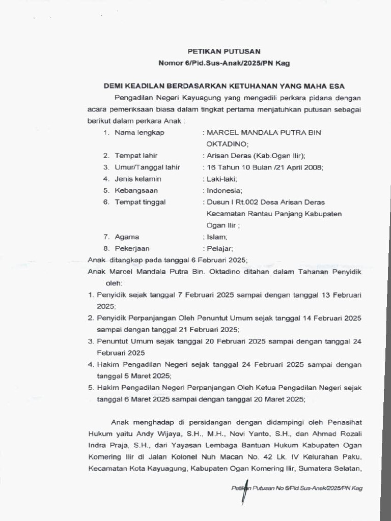 Petikan Putusan Marcel Mandala Putra Bin Oktadino - 20250324 | PDF