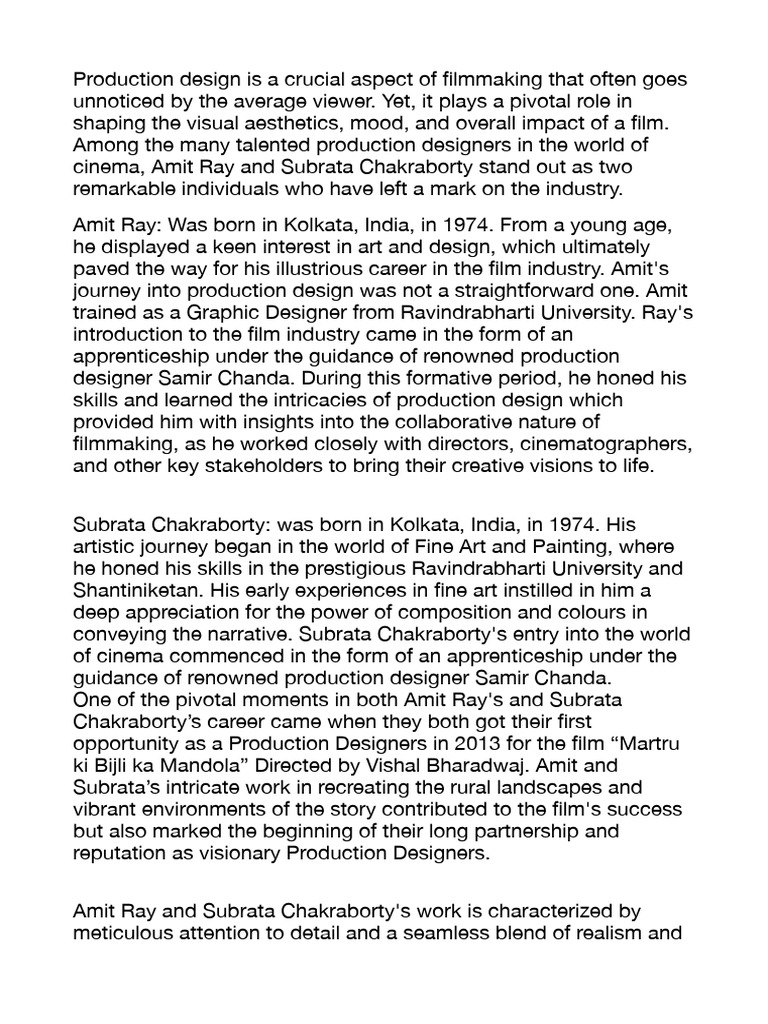 Influential Production Designers Amit Ray & Subrata Chakraborty | PDF ...
