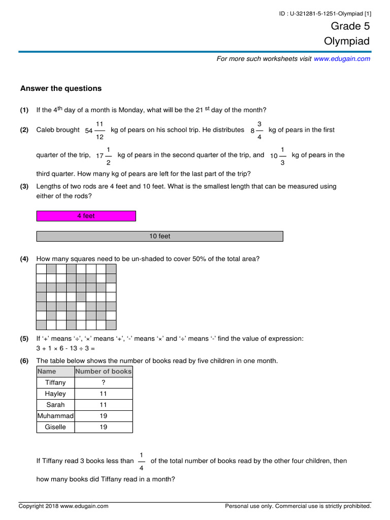 Grade 5 Olympiad Math Questions | PDF