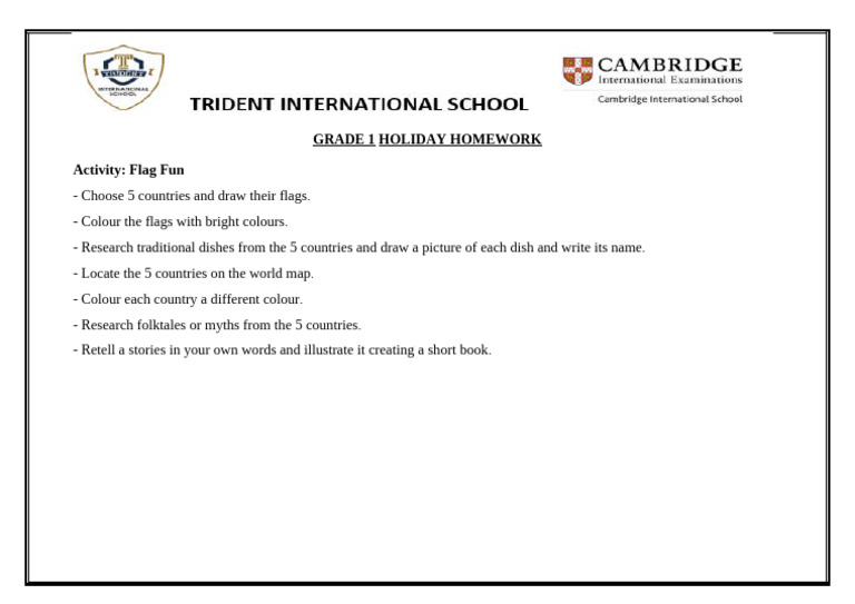 Holiday Homework Grade 1 | PDF
