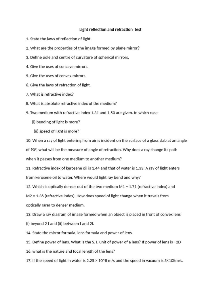 Class 10 Light Reflection & Refraction Notes | PDF | Refractive Index ...