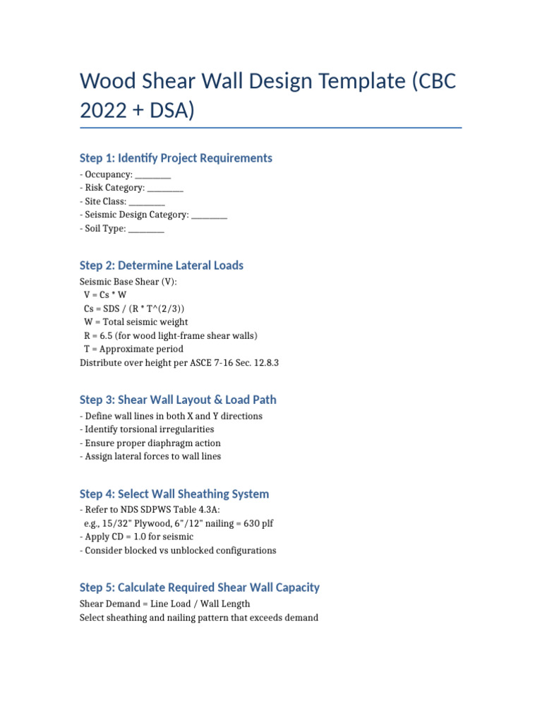 Wood Shear Wall Design Template CBC2022 DSA | PDF